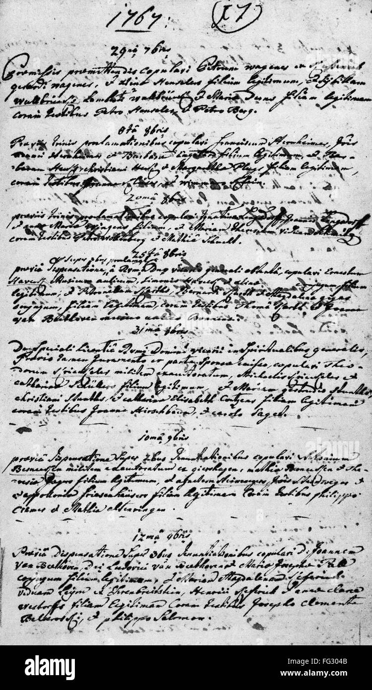 BEETHOVEN: PARENTS, 1767. /nRegistry entry of the wedding of Johann van Beethoven and Maria ...