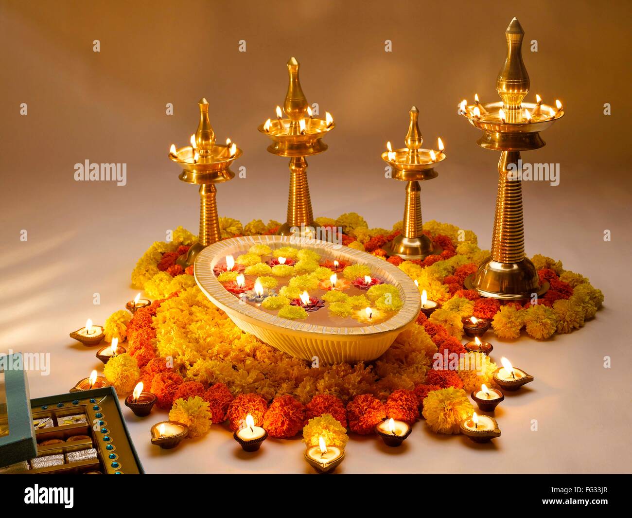Diyas oil lamps and flowers arrangement for diwali festival ; India ...