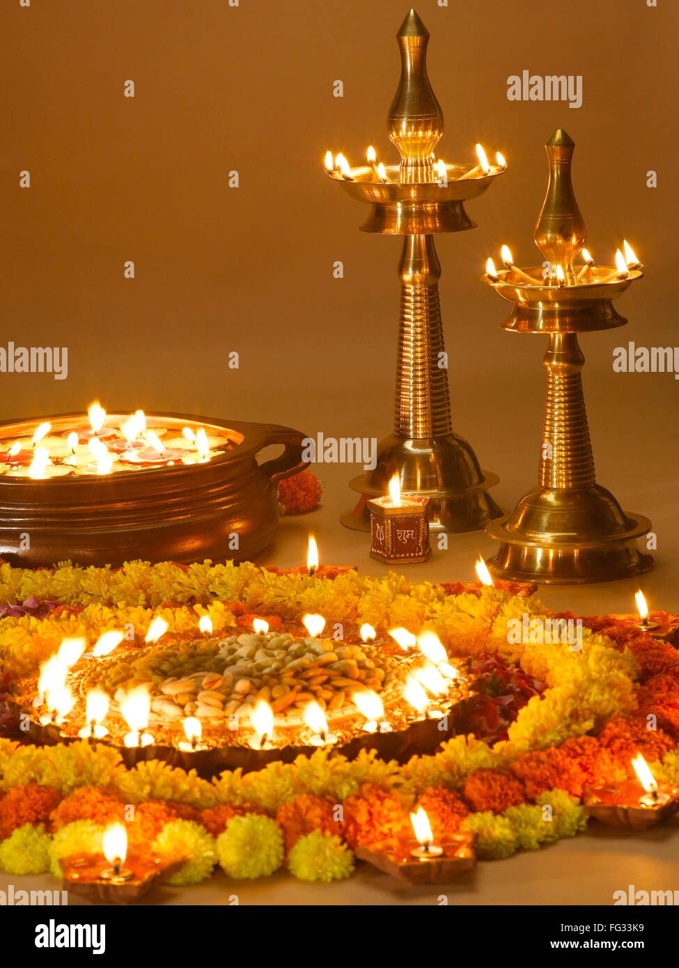 Diyas oil lamps and flowers arrangement for diwali festival ; India ...