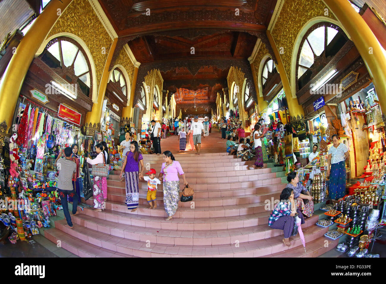 Entrance passage and shops at the Shwedagon Pagoda, Yangon, Myanmar ...
