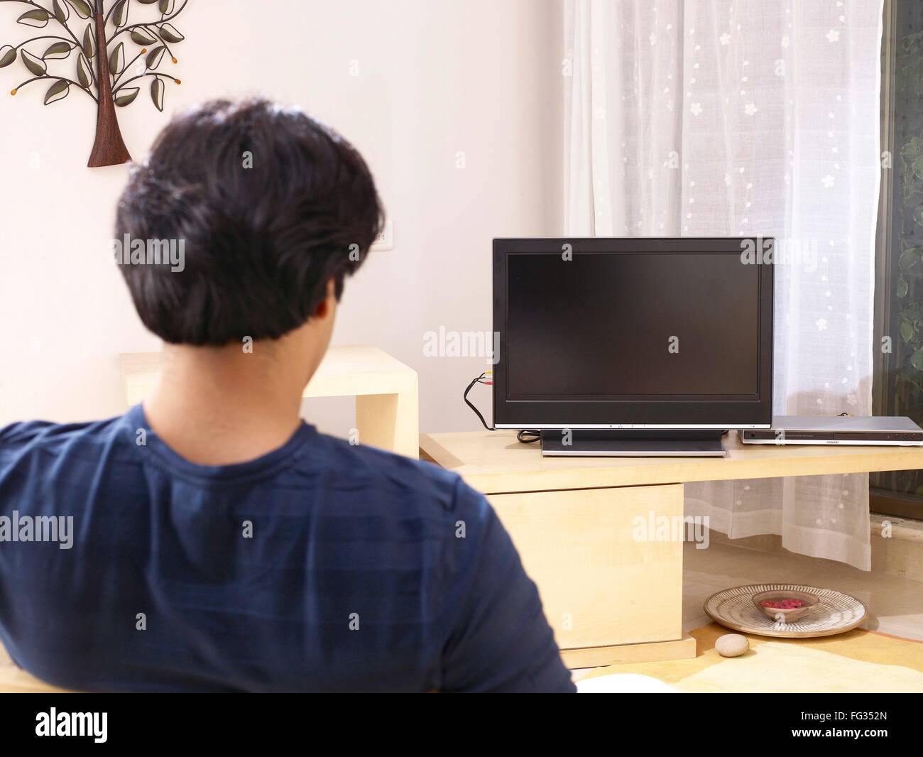 Back view of young man watching TV MR#702V Stock Photo - Alamy