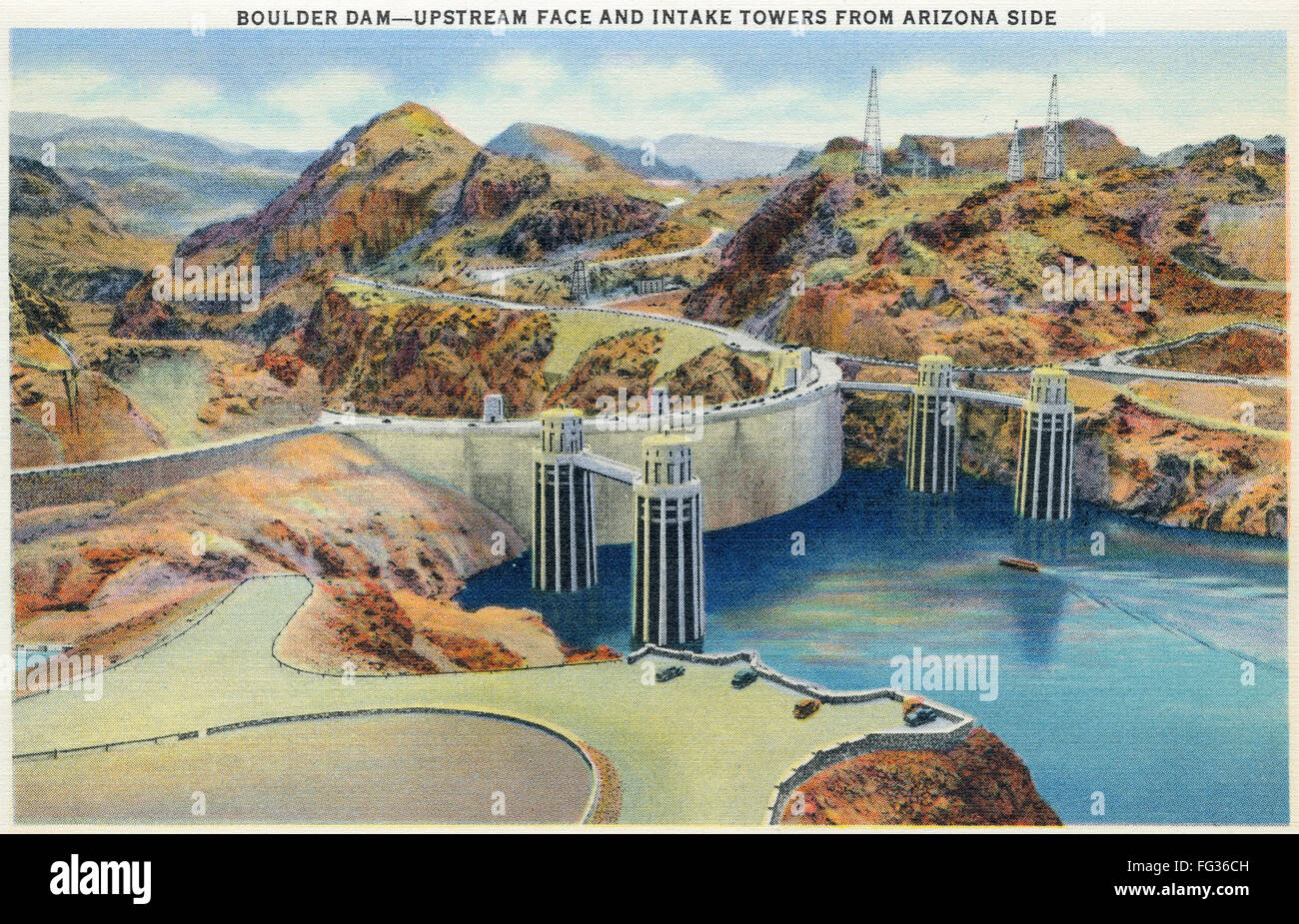HOOVER DAM, 1935. /nThe upstream face and the intake towers of Hoover ...