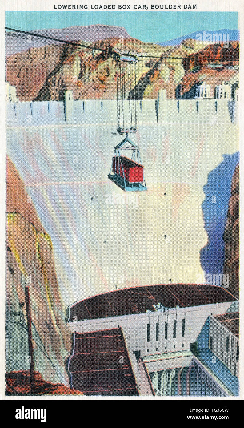 HOOVER DAM, 1935. /nA loaded boxcar being lowered at Hoover Dam ...