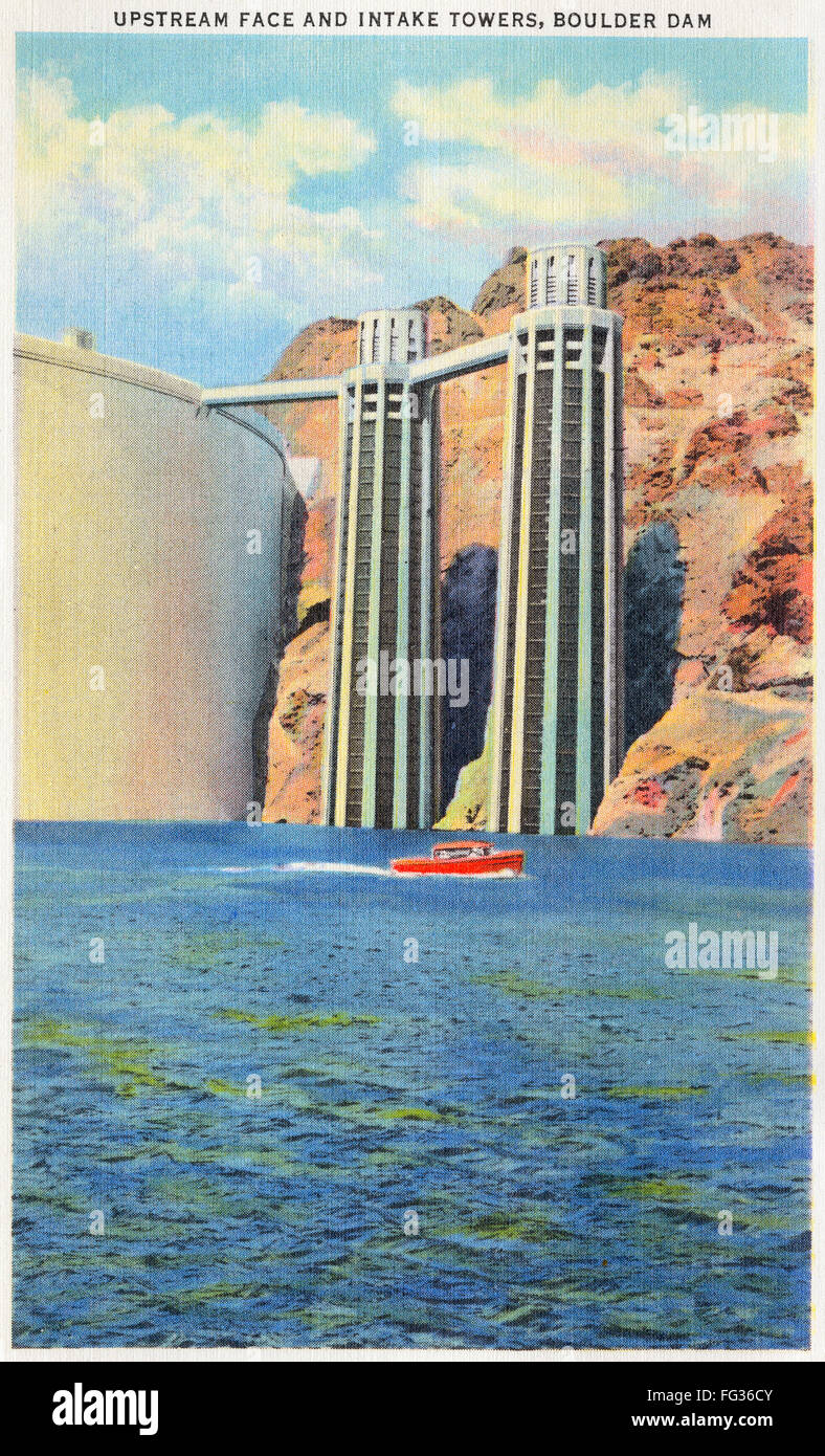 HOOVER DAM, 1935. /nUpstream face and intake towers of Hoover Dam ...