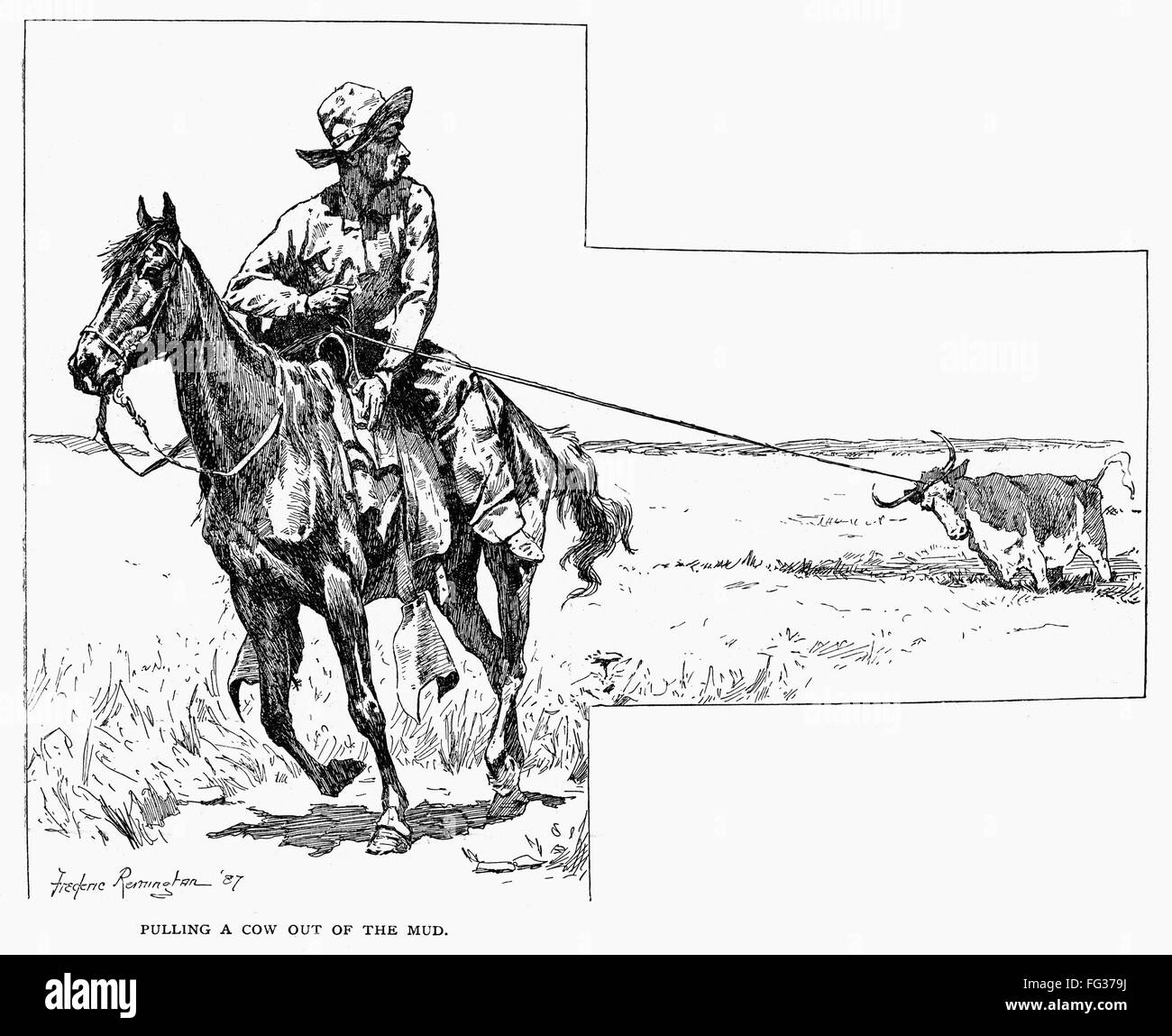 REMINGTON: COWBOYS, 1887. /n'Pulling a cow out of the mud.' Drawing ...