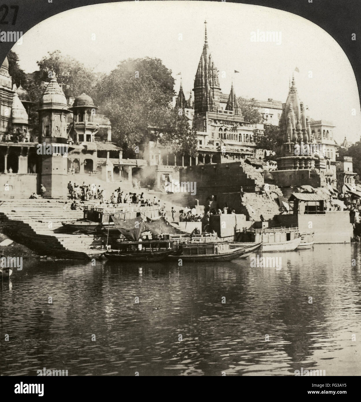 INDIA: GANGES, c1920. /n'A burning ghat on the banks of the sacred ...