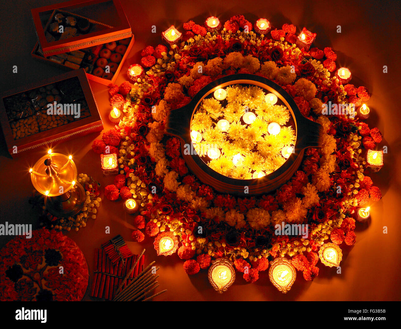 Diyas diya oil lamp and flower flowers arrangement for Diwali festival ...