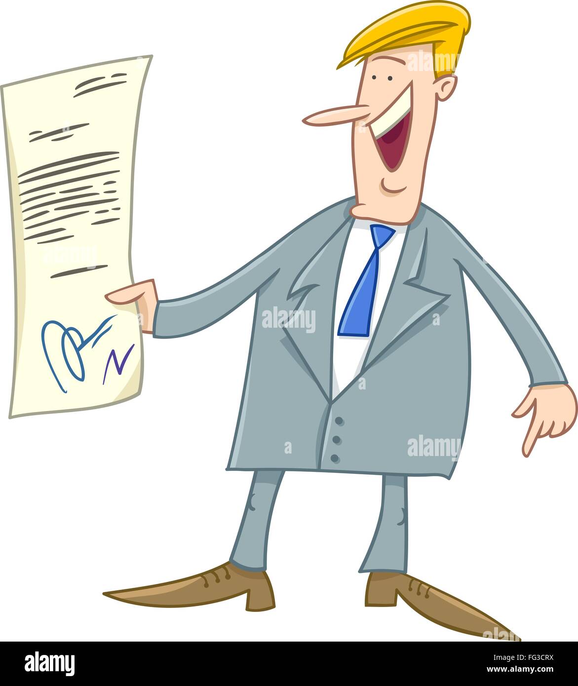 Cartoon Illustration of Happy Businessman with Agreement or Contract ...