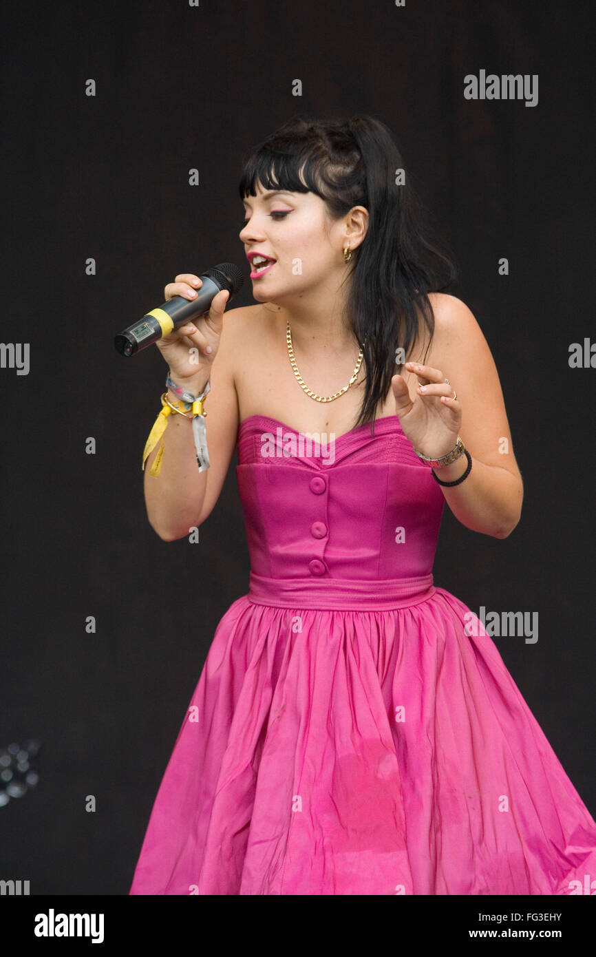 Lily Allen performing on the Pyramid Stage at the Glastonbury Festival ...
