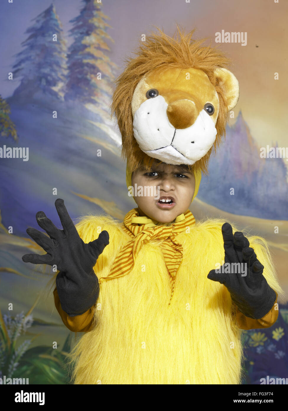 South Asian Indian boy dressed as lion performing fancy dress ...