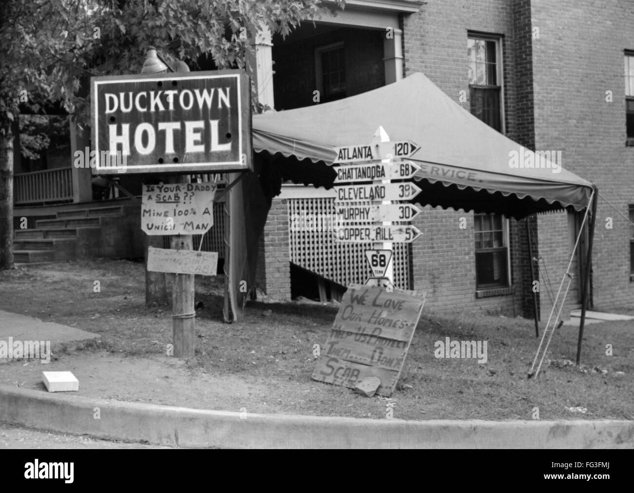 MINER STRIKE, 1939./nStriking copper miners picket signs in Ducktown ...