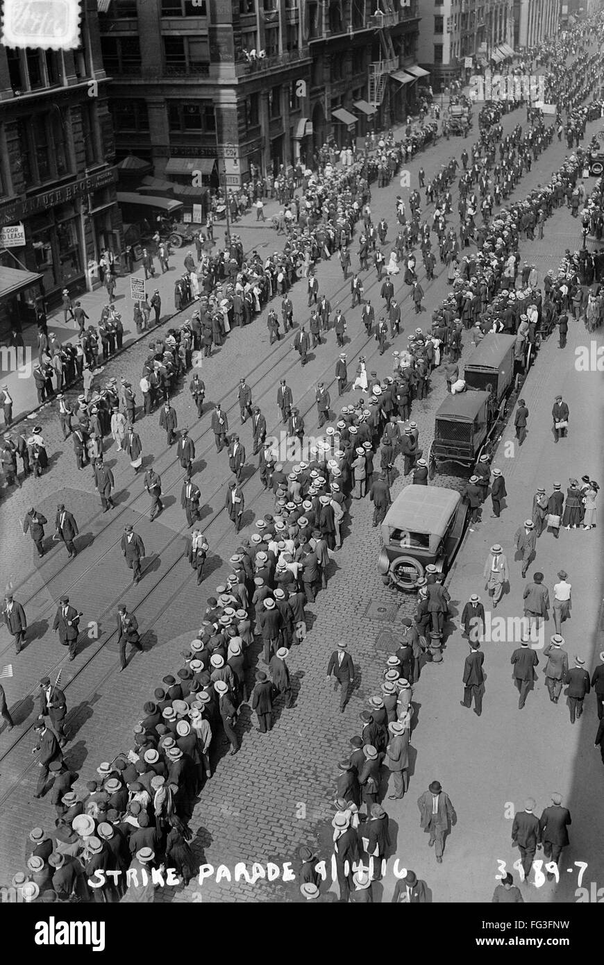 STREETCAR STRIKE, 1916. /nStriking streetcar workers marching in a ...