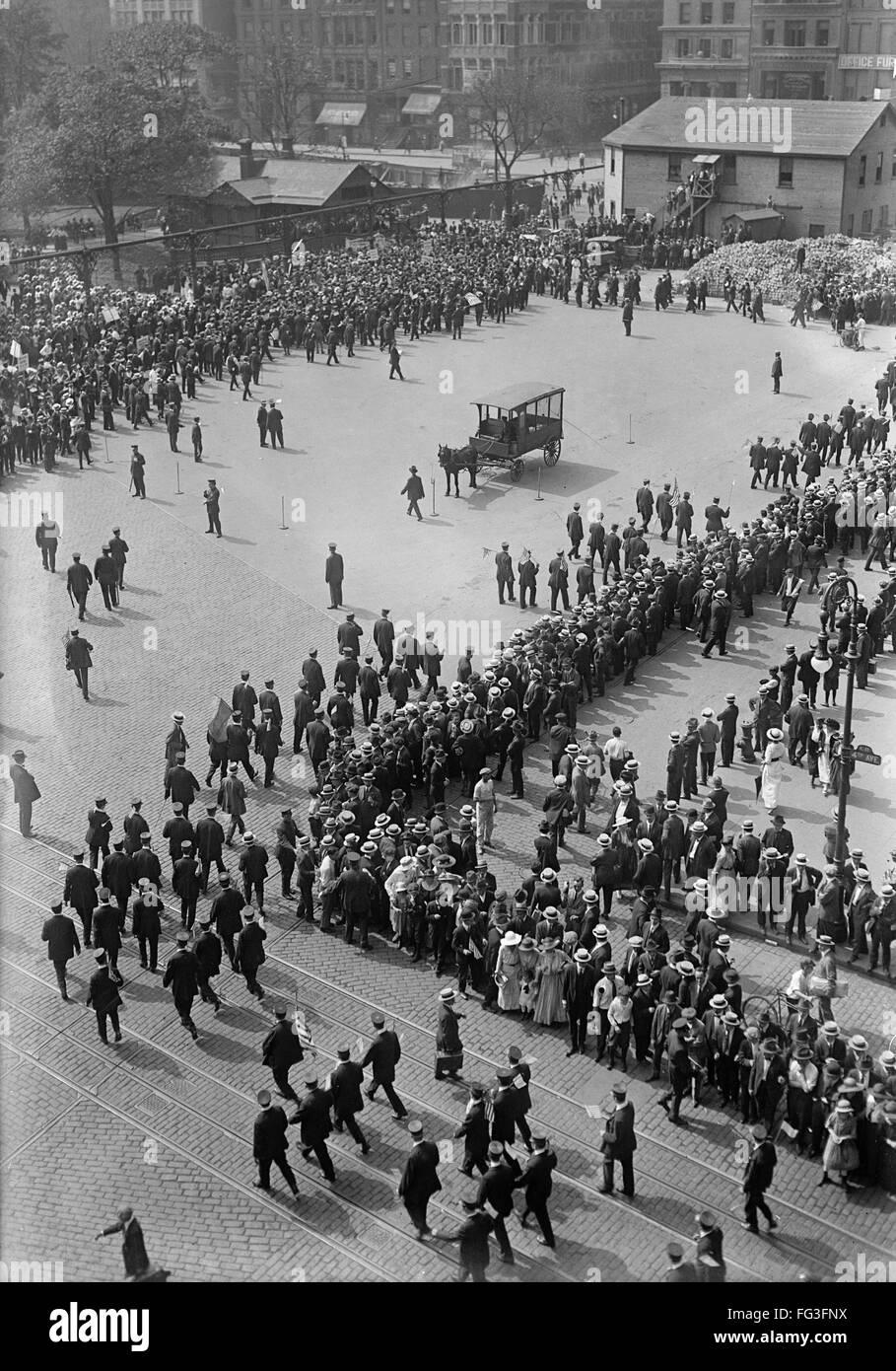 STREETCAR STRIKE, 1916. /nStriking streetcar workers marching in a ...