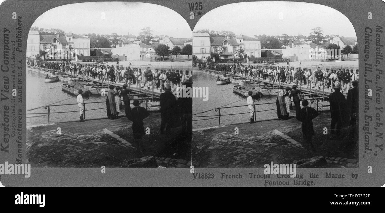WWI: FRANCE, c1916. /n'French troops crossing the Marne by pontoon ...