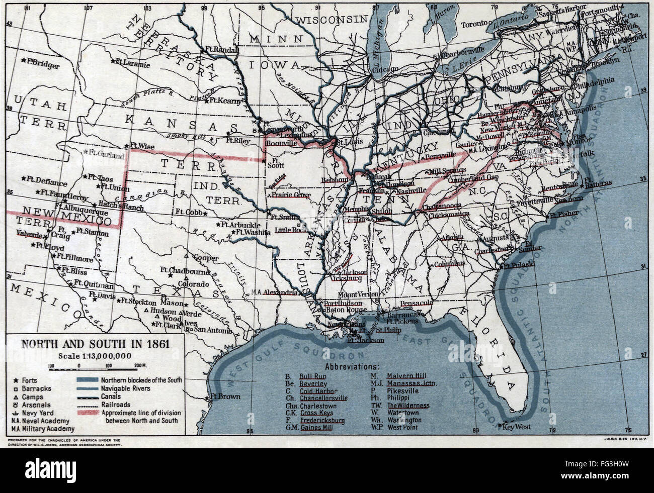 MAP: CIVIL WAR, 1861. /nMap showing the division of the North and South ...