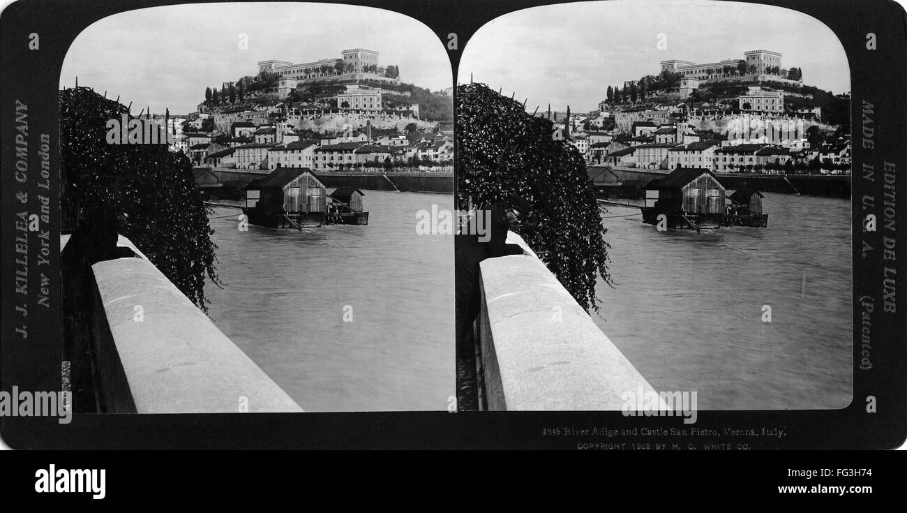 ITALY: VERONA, 1902. /nThe Adige River and San Pietro Castle in Verona ...