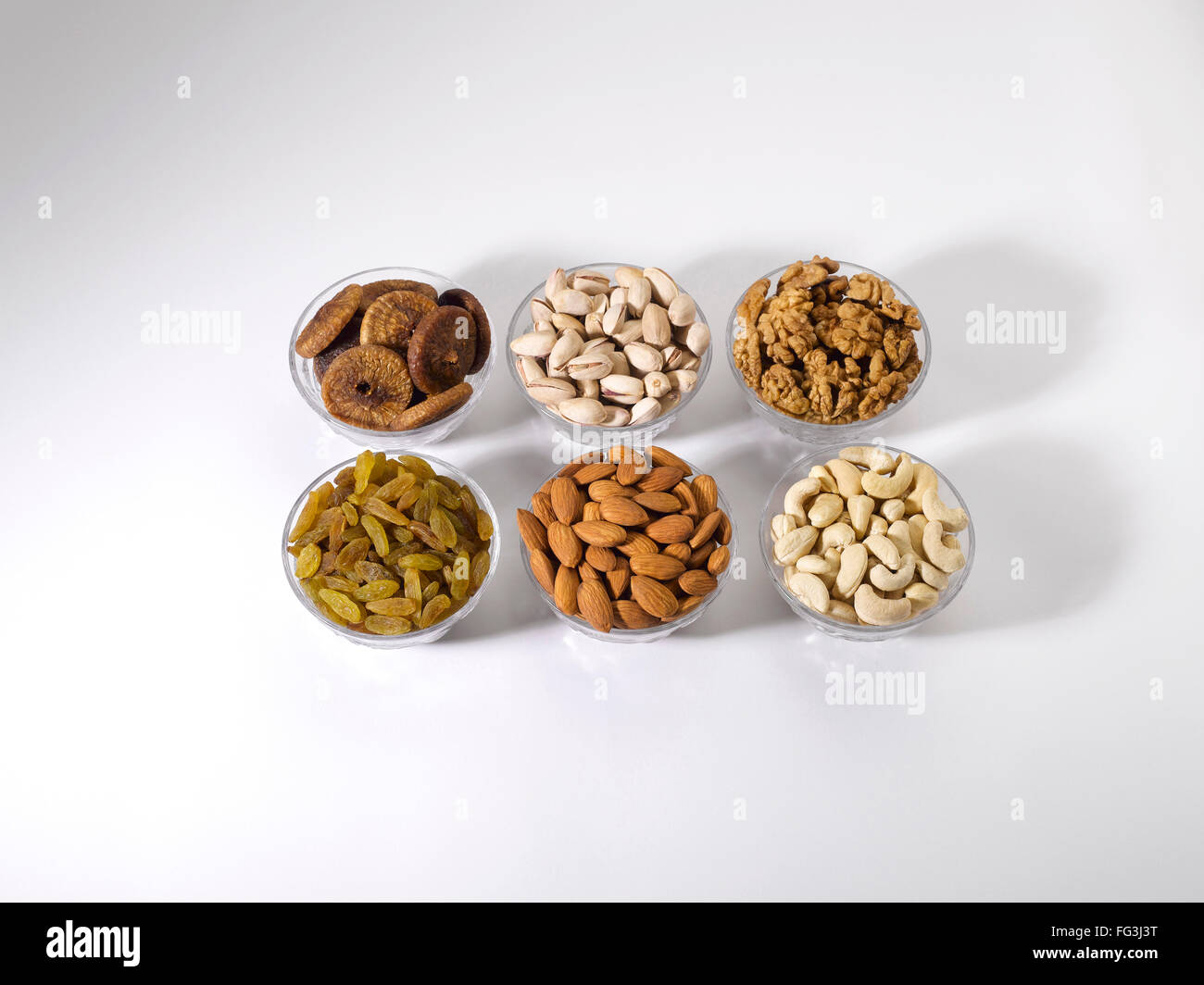 Dryfruit And Nut Almonds Raisins Cashewnuts Figs Pistachios Walnuts In Bowls On White