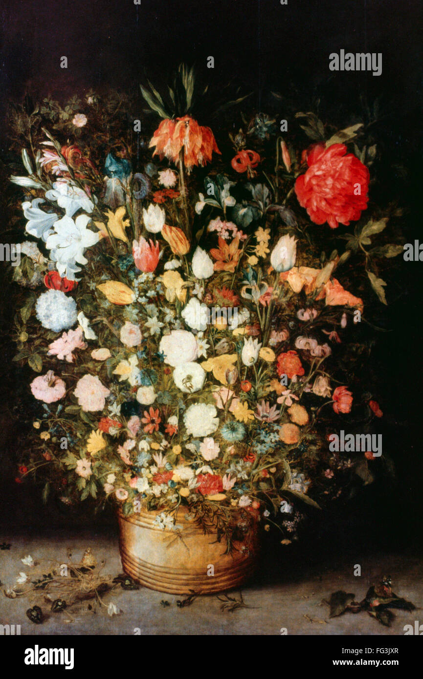 BRUEGHEL: FLOWERS. /n'Flowers in a Wooden Vessel.' Oil on wood by Jan ...