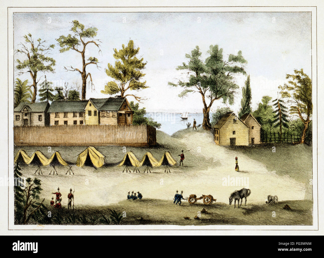 SECOND SEMINOLE WAR, 1835. /nSoldiers in camp outside fortified houses ...