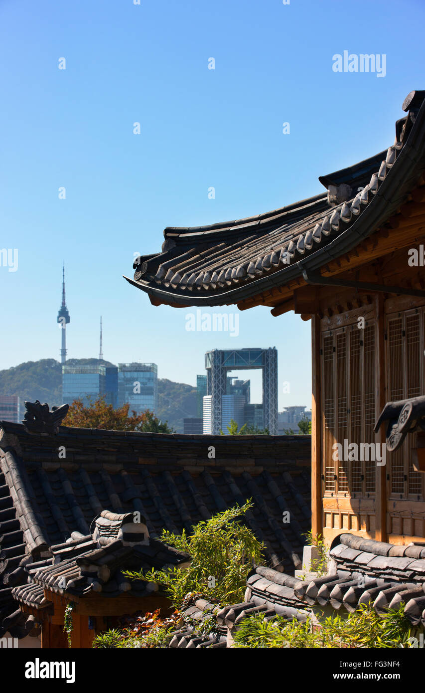 Traditional homes in Hanok Village with modern buildings in the ...