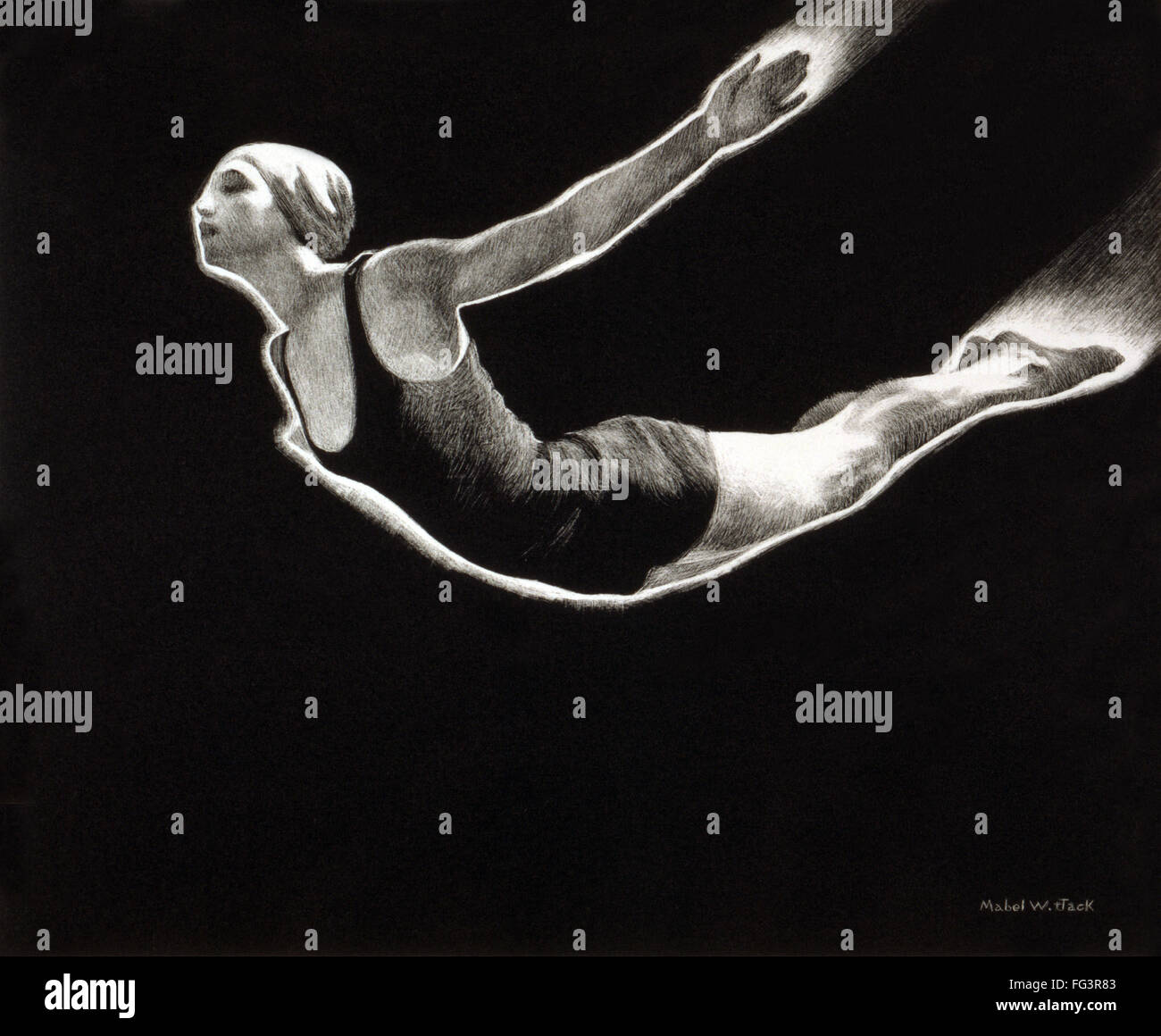JACK: SWAN DIVE, 1939. /n'Swan Dive.' Lithograph, Mabel W. Jack, 1939 ...
