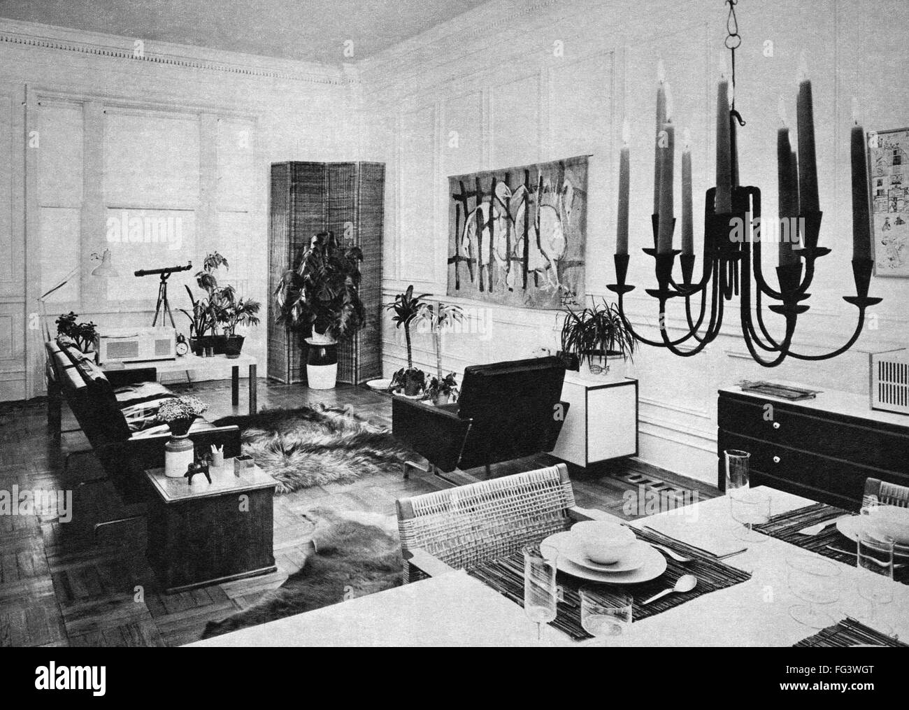INTERIOR DESIGN, 1963. /nLiving room of the New York City apartment ...