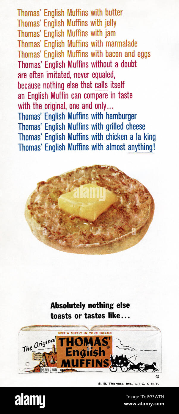 AD: ENGLISH MUFFINS, 1964. /nAmerican advertisement for Thomas' English ...