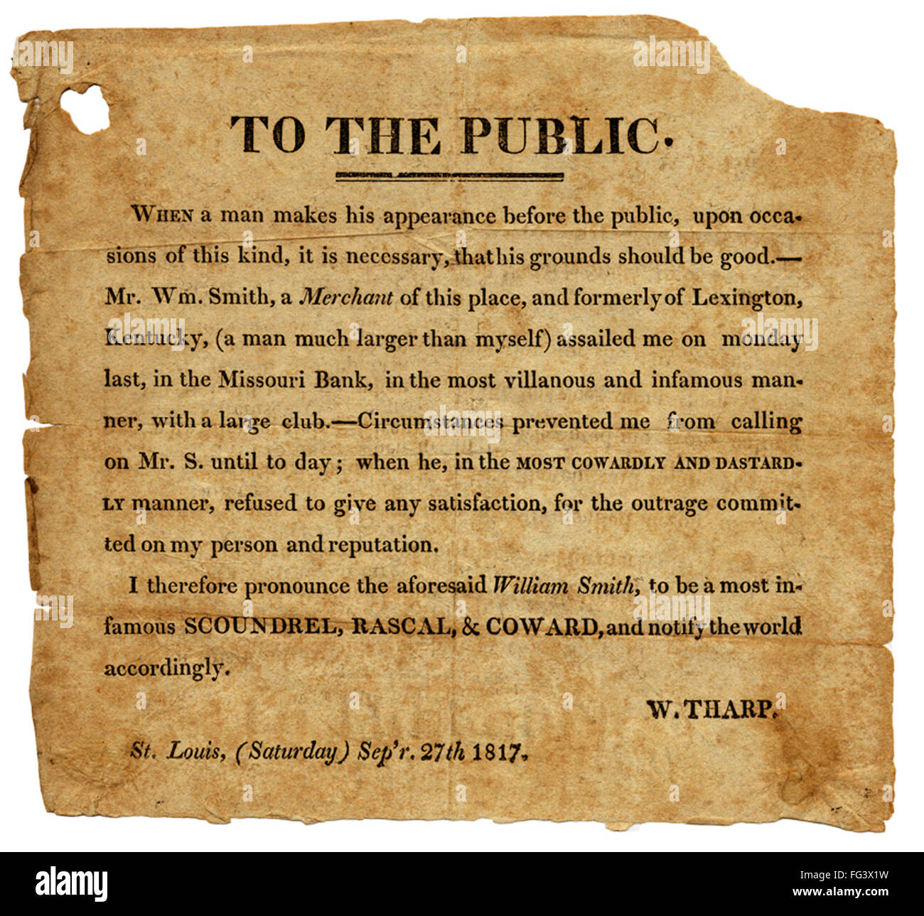 DUELING NOTICE, 1817. /nNotice posted by laborer William Tharp at St ...