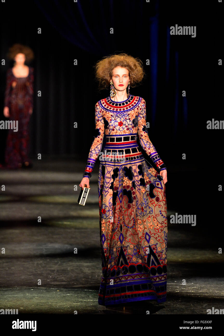 New York, USA. 17th Feb, 2016. A model displays a creation of NAEEM ...