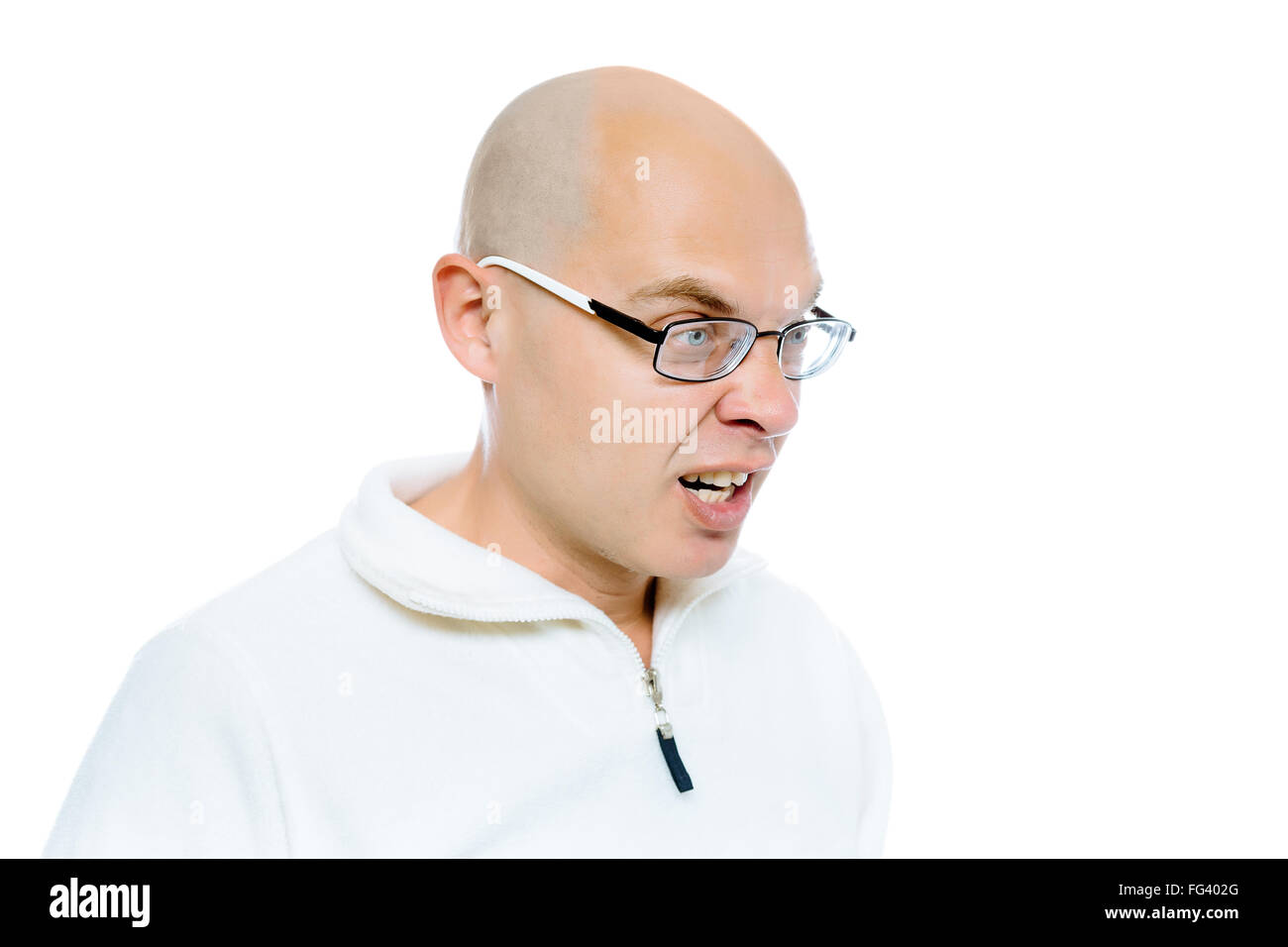 Bald evil man. Isolated on white. Studio Stock Photo - Alamy