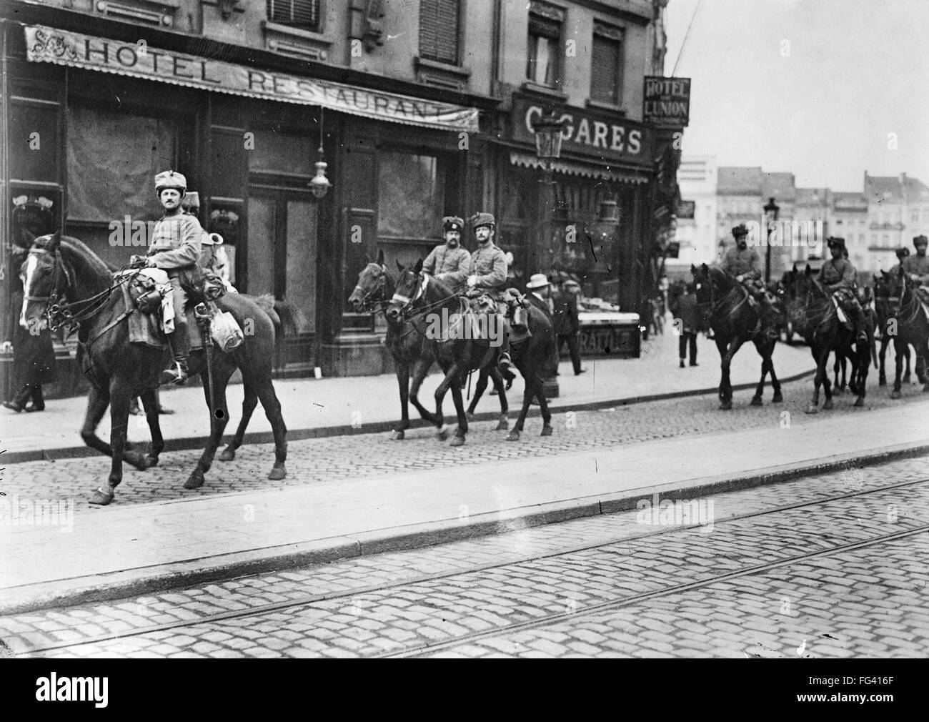 WWI: HUSSARS, 1914. /nGerman hussars in the streets of Antwerp, Belgium ...