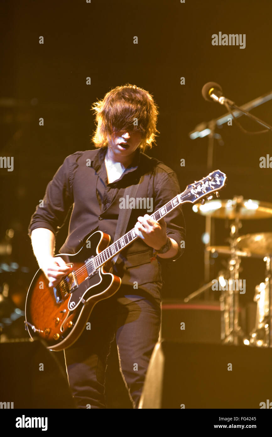 The Kings of Leon performing on the Pyramid stage at the Glastonbury ...