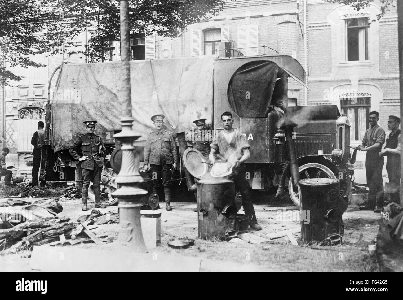 WWI: KITCHEN, c1914. /nEnglish soldiers cooking at Amiens, France ...