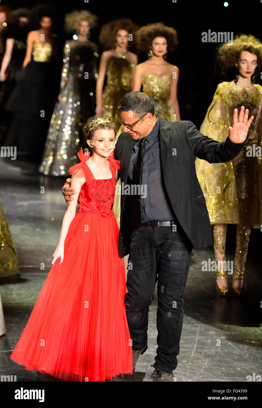 New York, USA. 17th Feb, 2016. Trinity Faith Moran (L) and designer ...