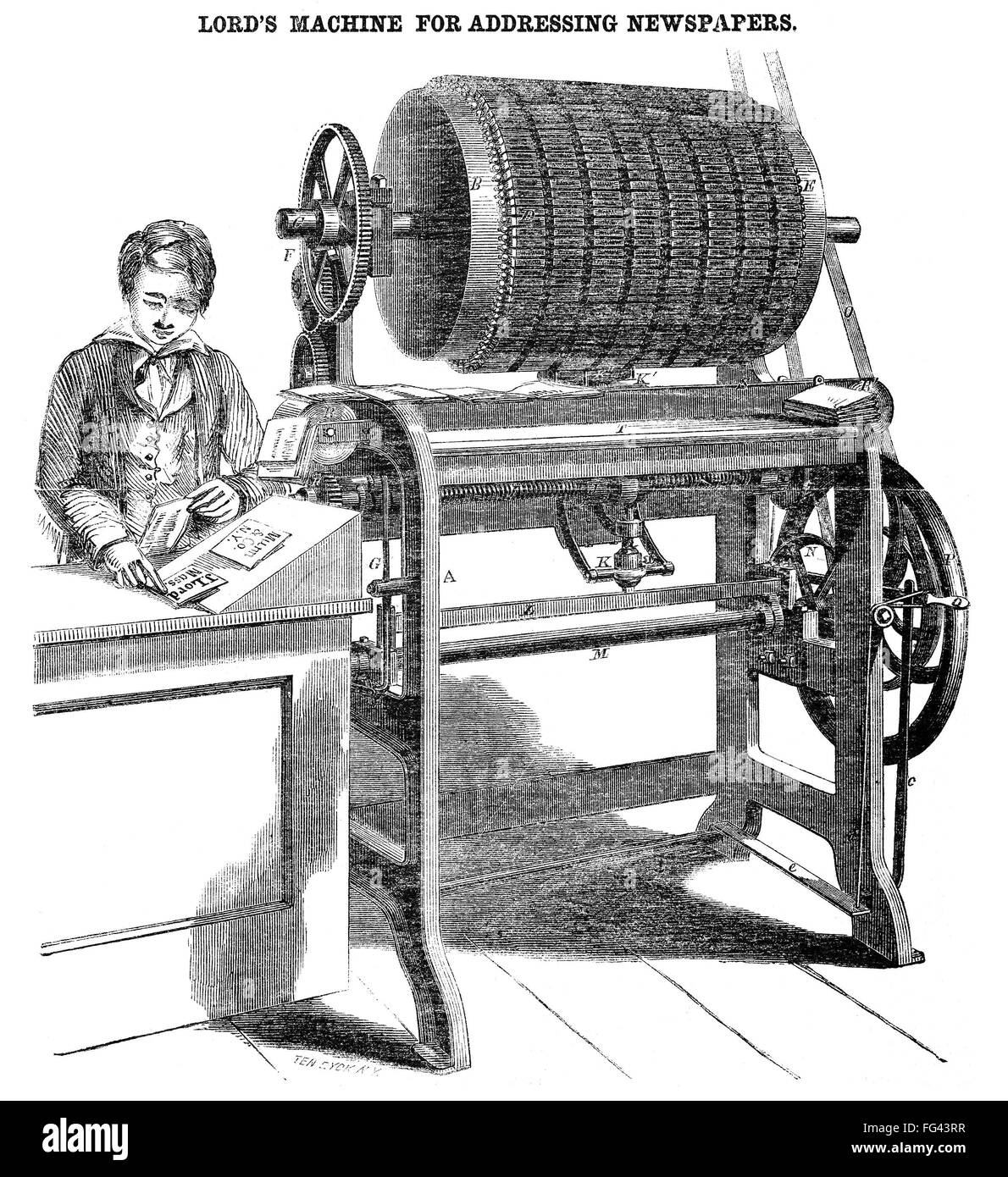 ADDRESS MACHINE, 1858. /nMachine invented by James Lord for addressing ...