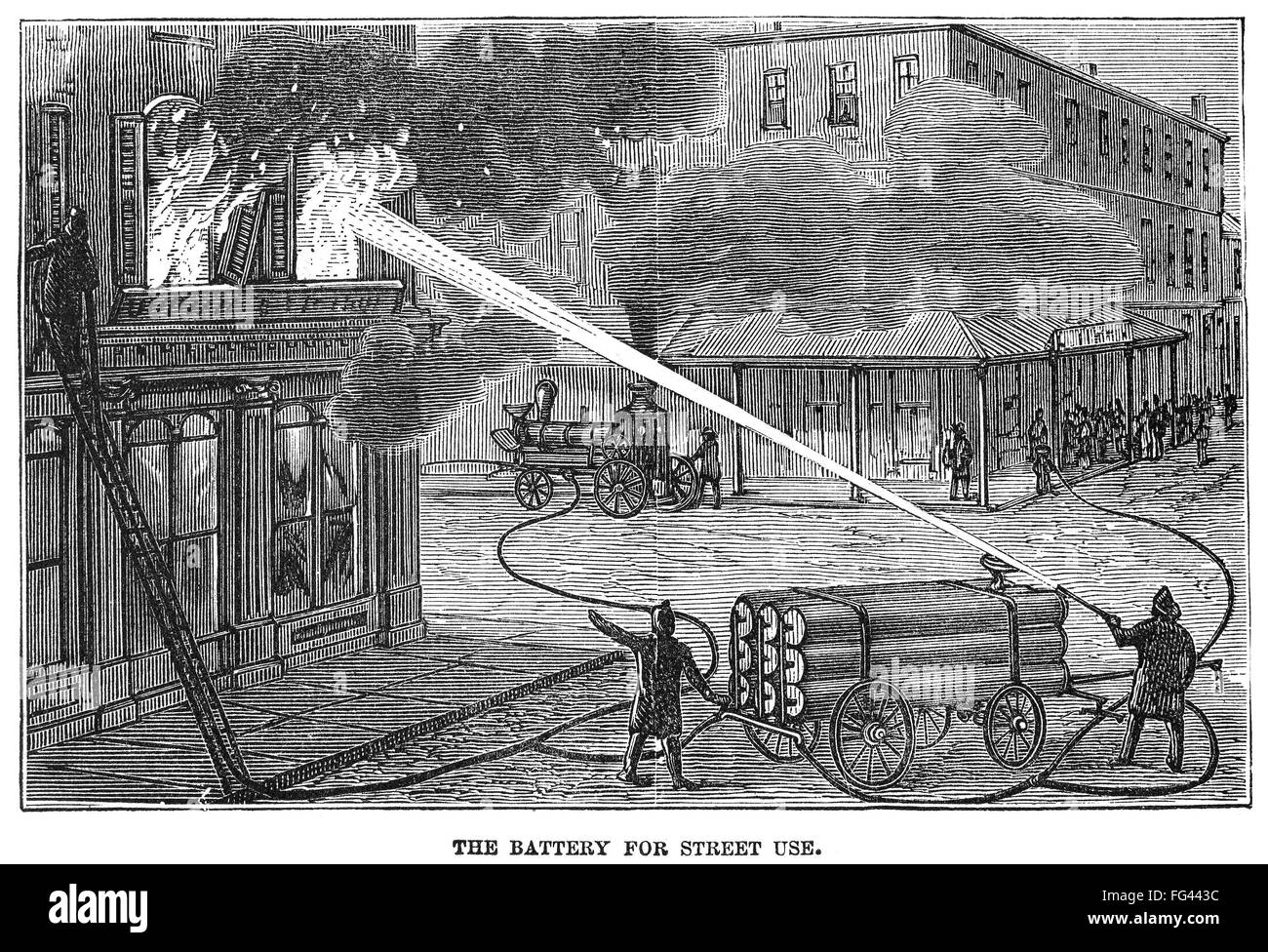 FIREFIGHTING, 1876. /nDemonstration of a battery for fighting fires ...