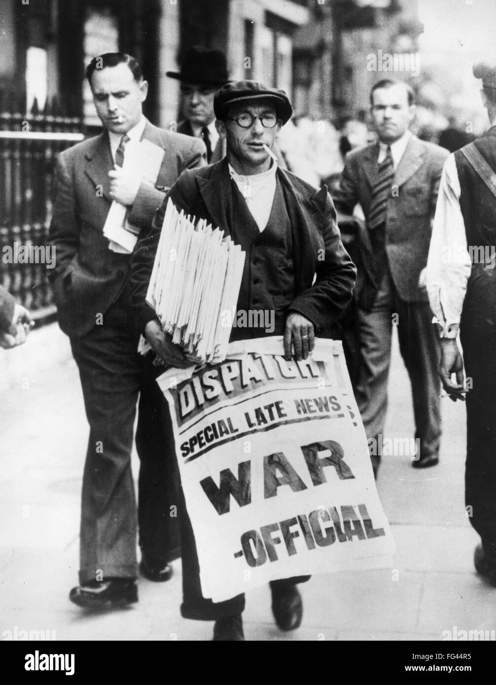 WWII: ENGLAND, 1939. /nA newspaper man announcing England's declaration ...