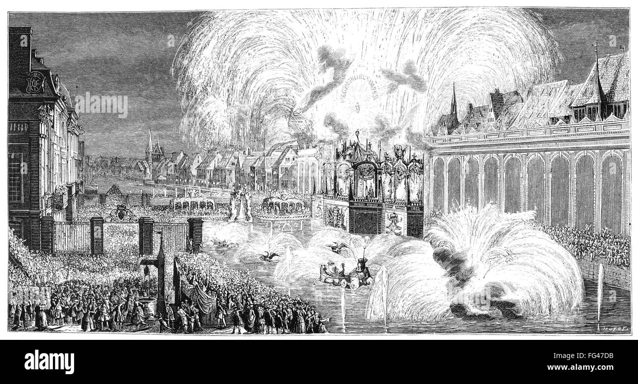 FRANCE: FIREWORKS, 1744. /nFireworks on the Ill in Strasbourg, France ...