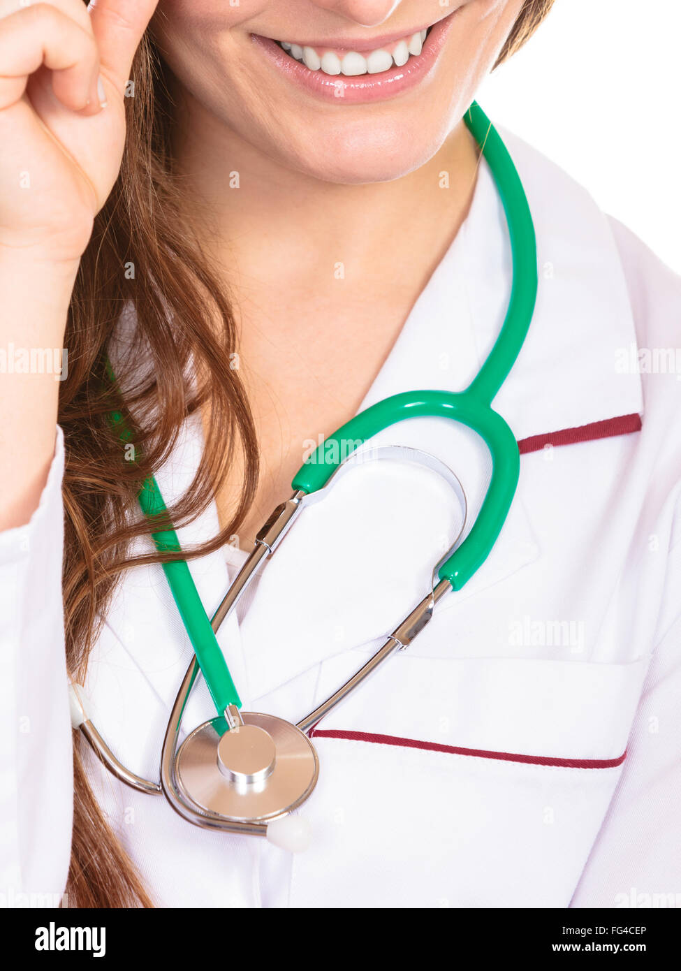 Medical person for health insurance. Closeup part of woman face with ...
