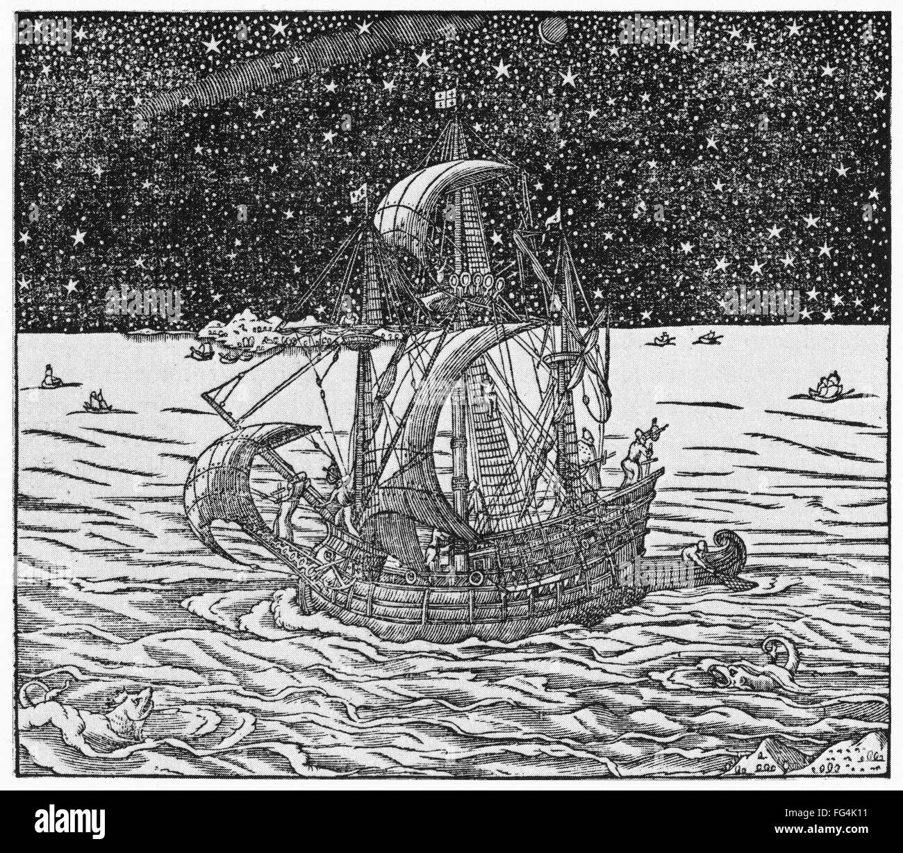 NAVIGATION BY STARS, 1575. /nSailors navigating by stars at night ...