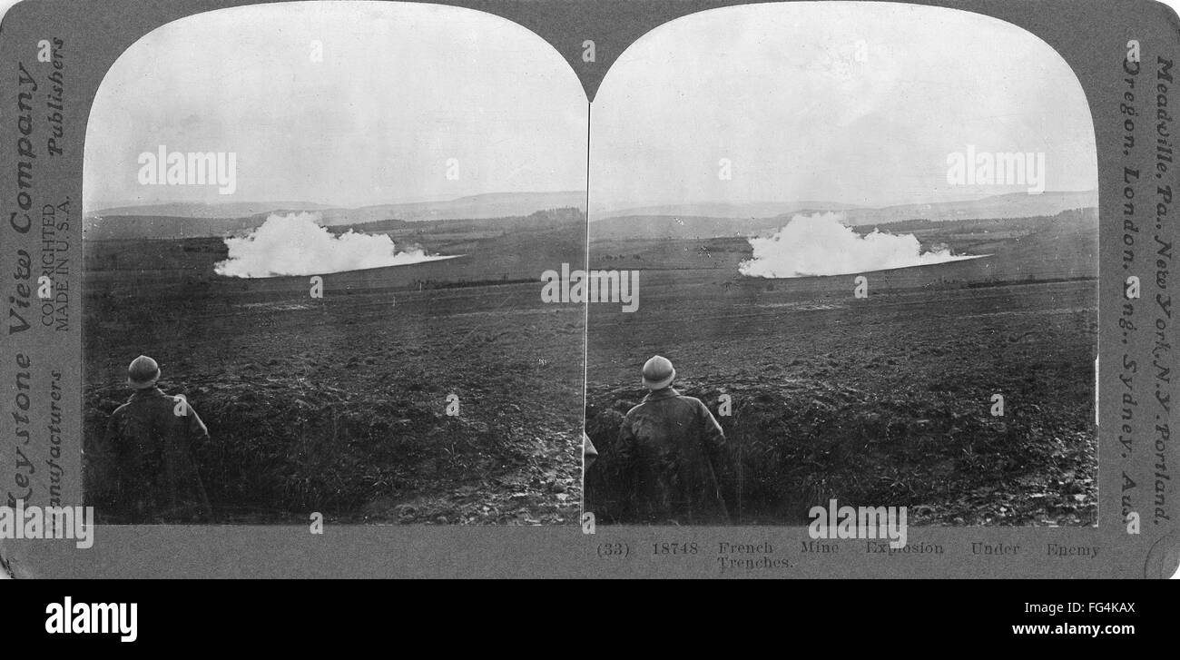 WORLD WAR I: LAND MINE. /nA French mine exploding under a German trench ...