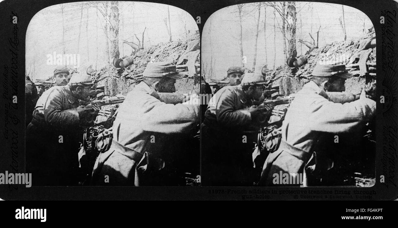 WORLD WAR I: FRENCH TRENCH. /nFrench soldiers firing through protective ...