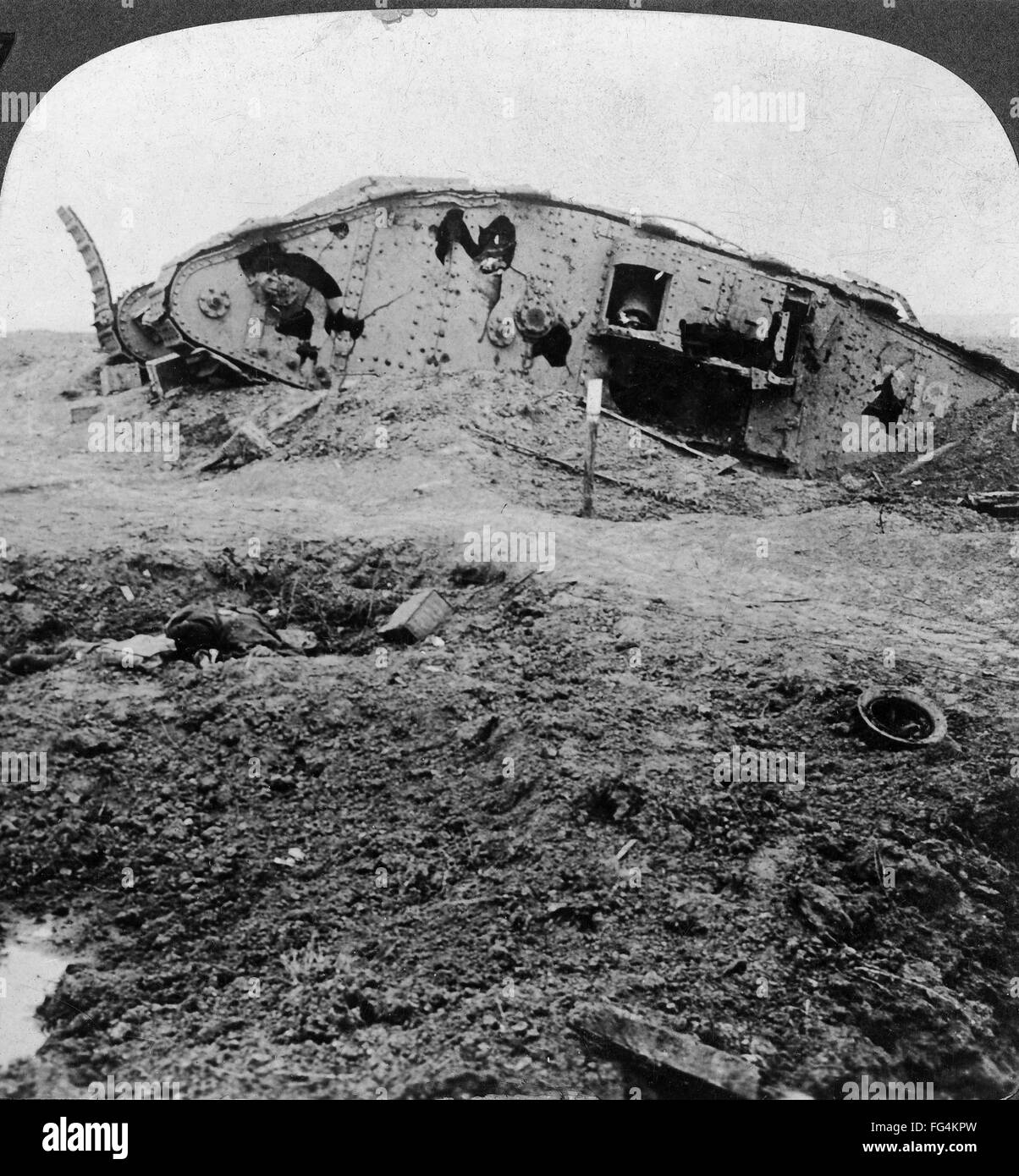 WORLD WAR I: BATTLEFIELD. /nDead soldier and a bombed out tank on the ...