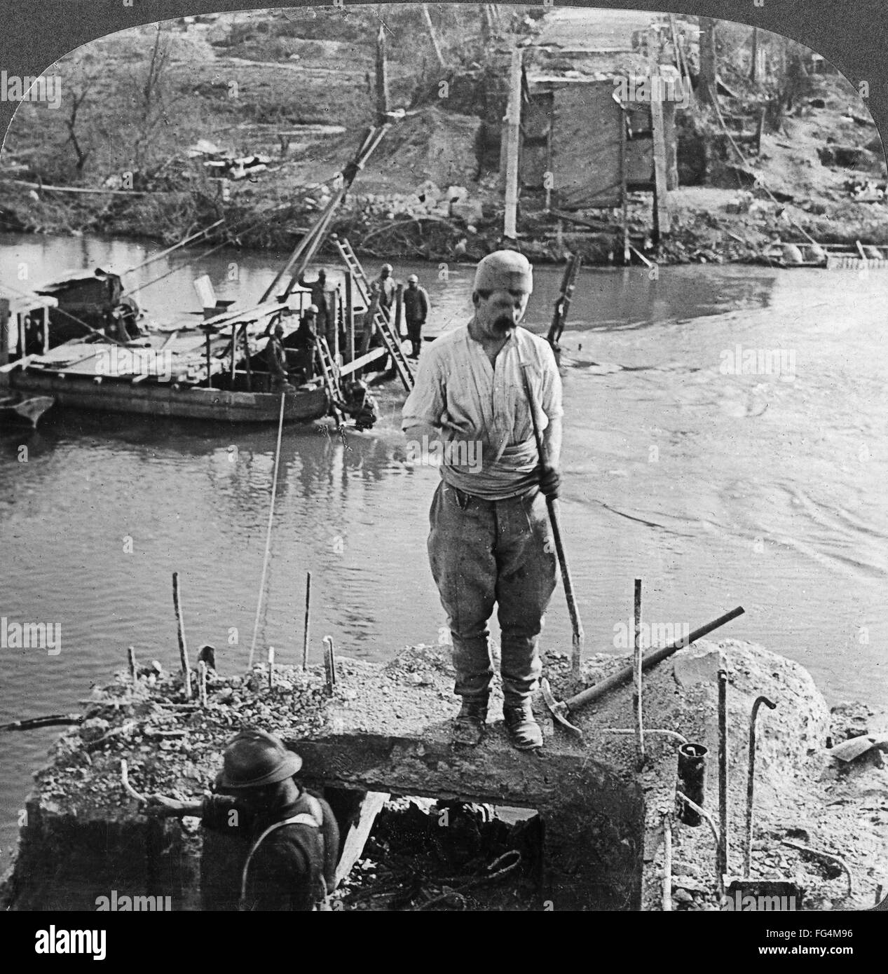 WORLD WAR I: AISNE RIVER. /nRuins of a bridge over the Aisne River in ...