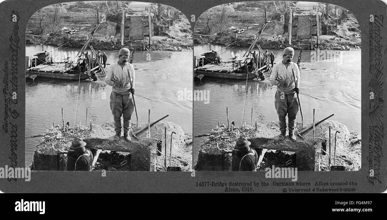 WORLD WAR I: AISNE RIVER. /nRuins of a bridge over the Aisne River in ...