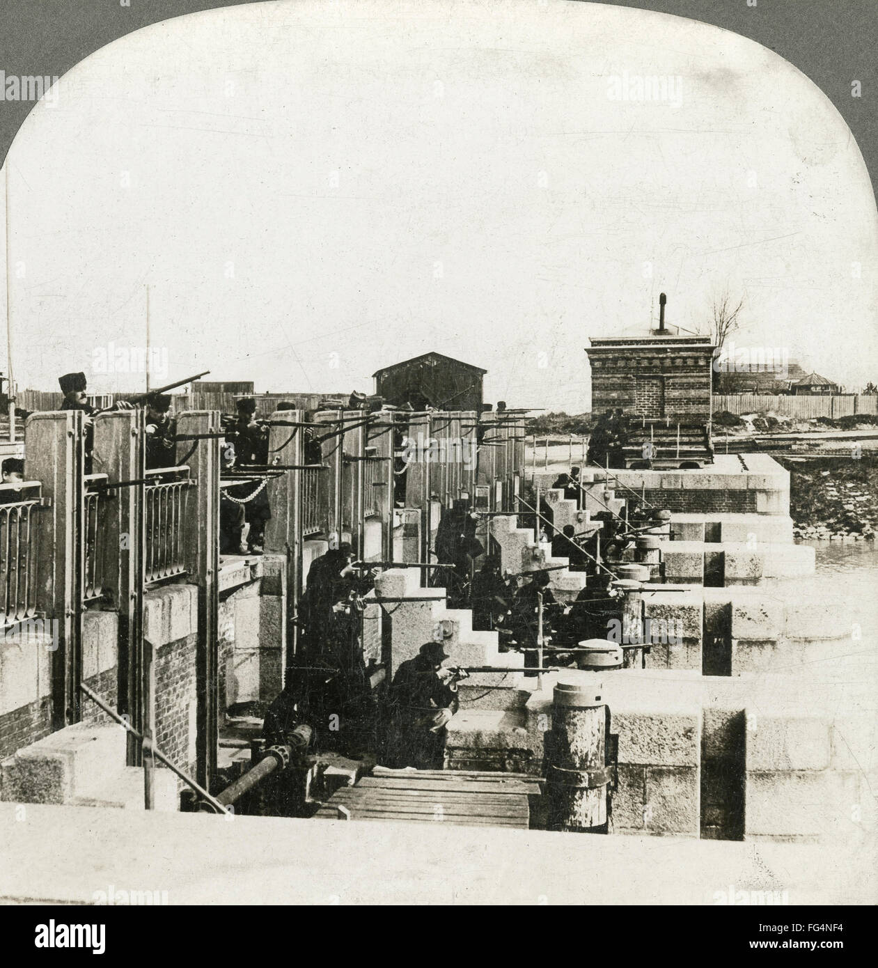WWI: FLANDERS, c1916. /n'Belgians defending bridge across canal ...
