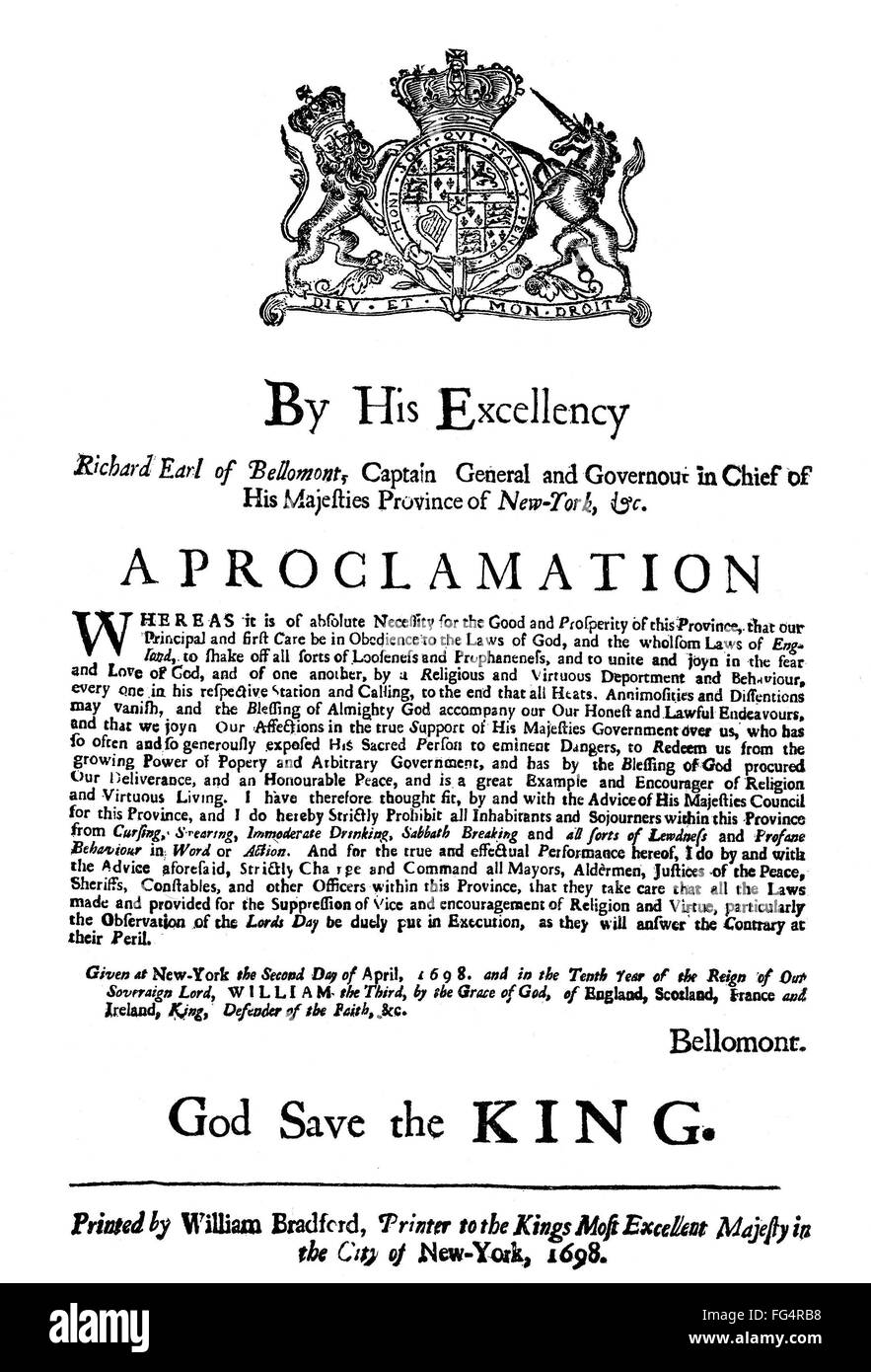 NEW YORK: PROCLAMATION, 1698. /nProclamation by English colonial ...