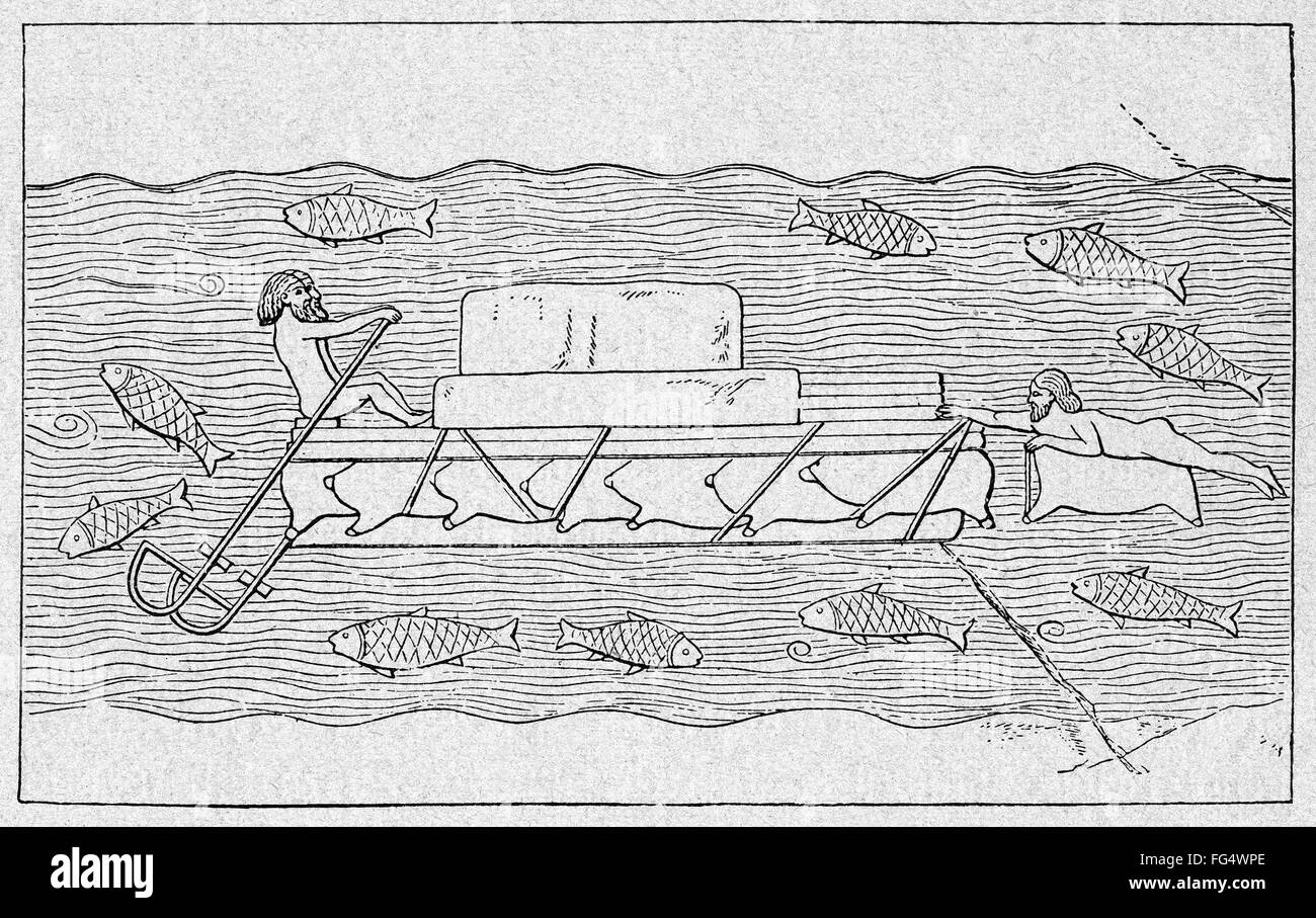 ASSYRIAN RAFT. /nAn ancient Assyrian raft constructed of inflated ...
