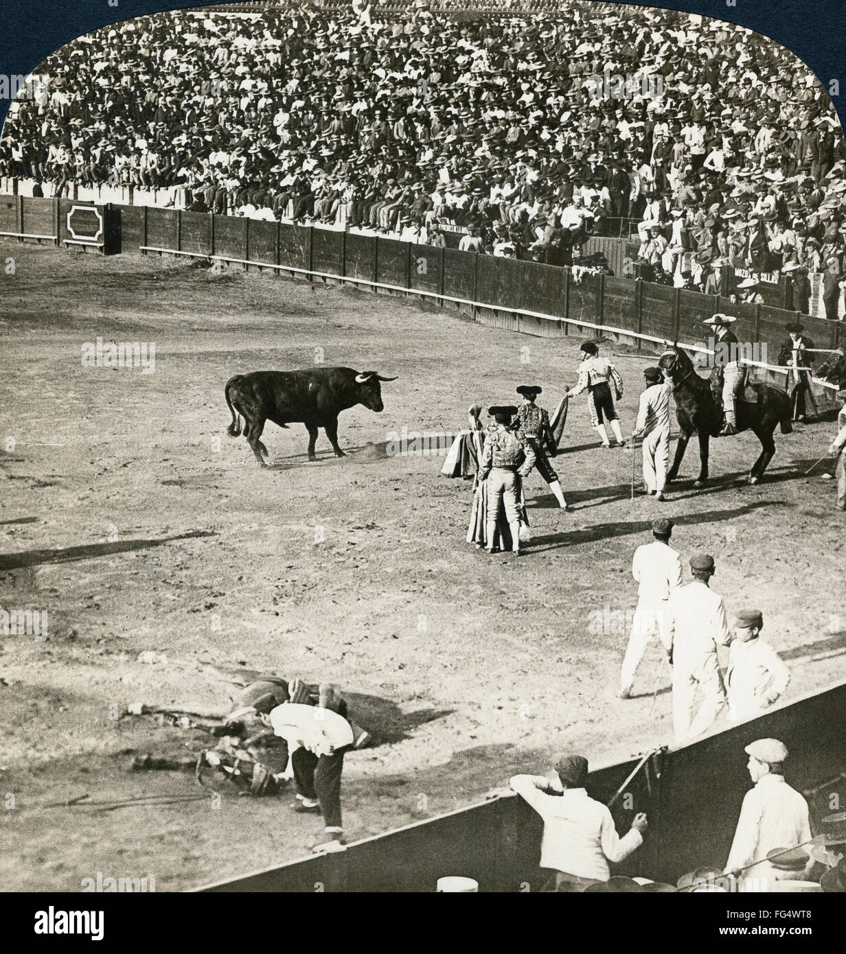 SPAIN: BULLFIGHT, c1908. /n'Goading the bull to attack on picadors ...