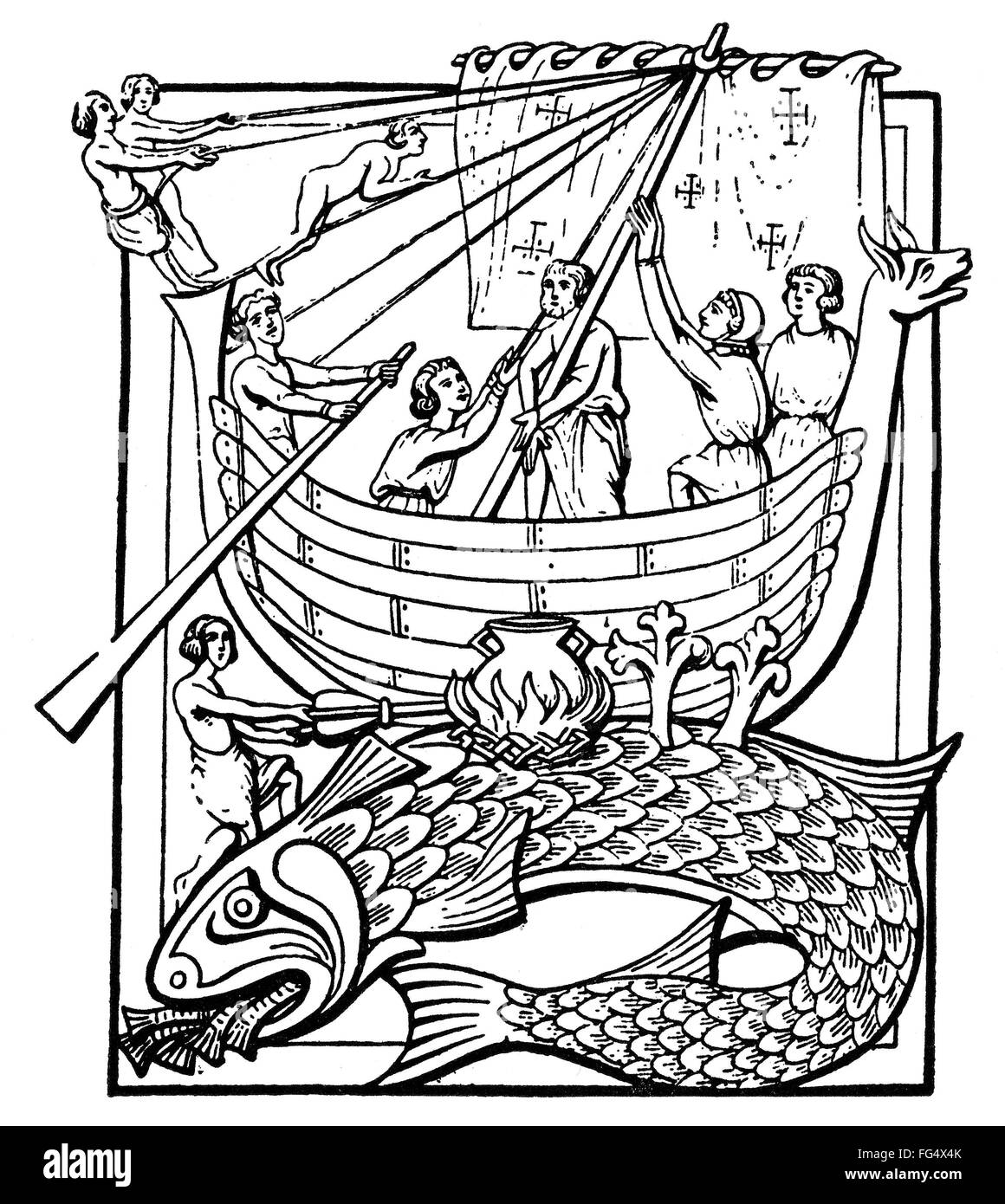 MEDIEVAL WHALE. /nMedieval woodcut showing sailors who landed on a ...